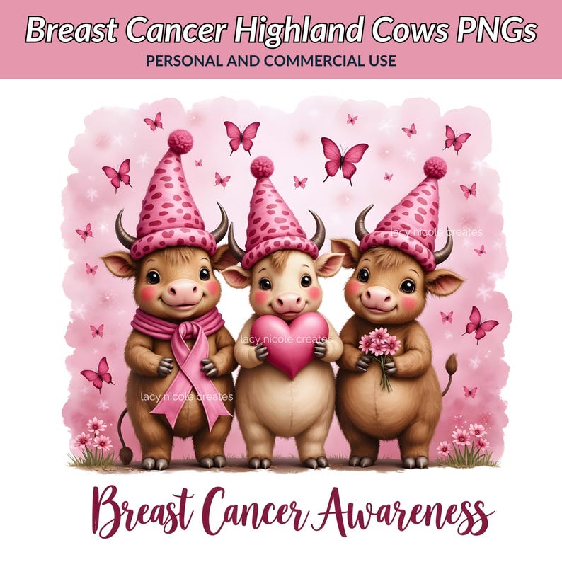 Breast Cancer Awareness Highland Cow PNG: Ribbon, Heart, Flowers ...