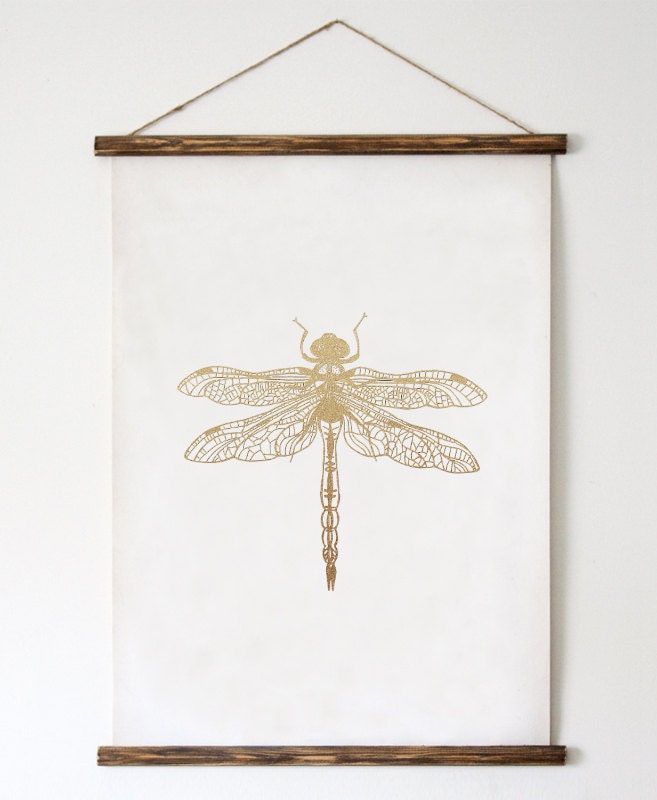 Dragonfly Print. Faux Gold Insect Poster. Winged Insect Art. Mustard ...
