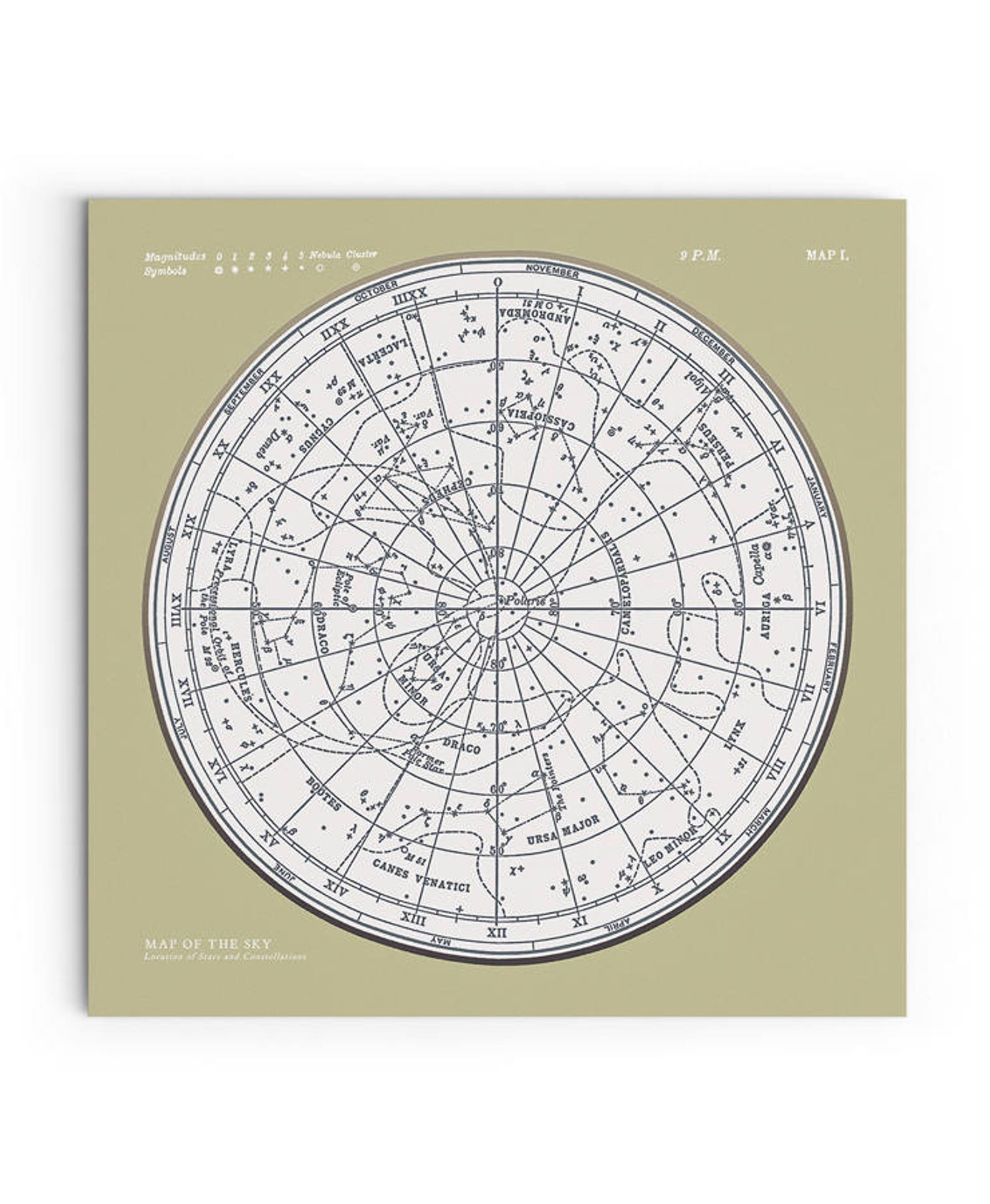 Star Map Constellations Print. Map of the Sky. Planisphere Astronomy ...