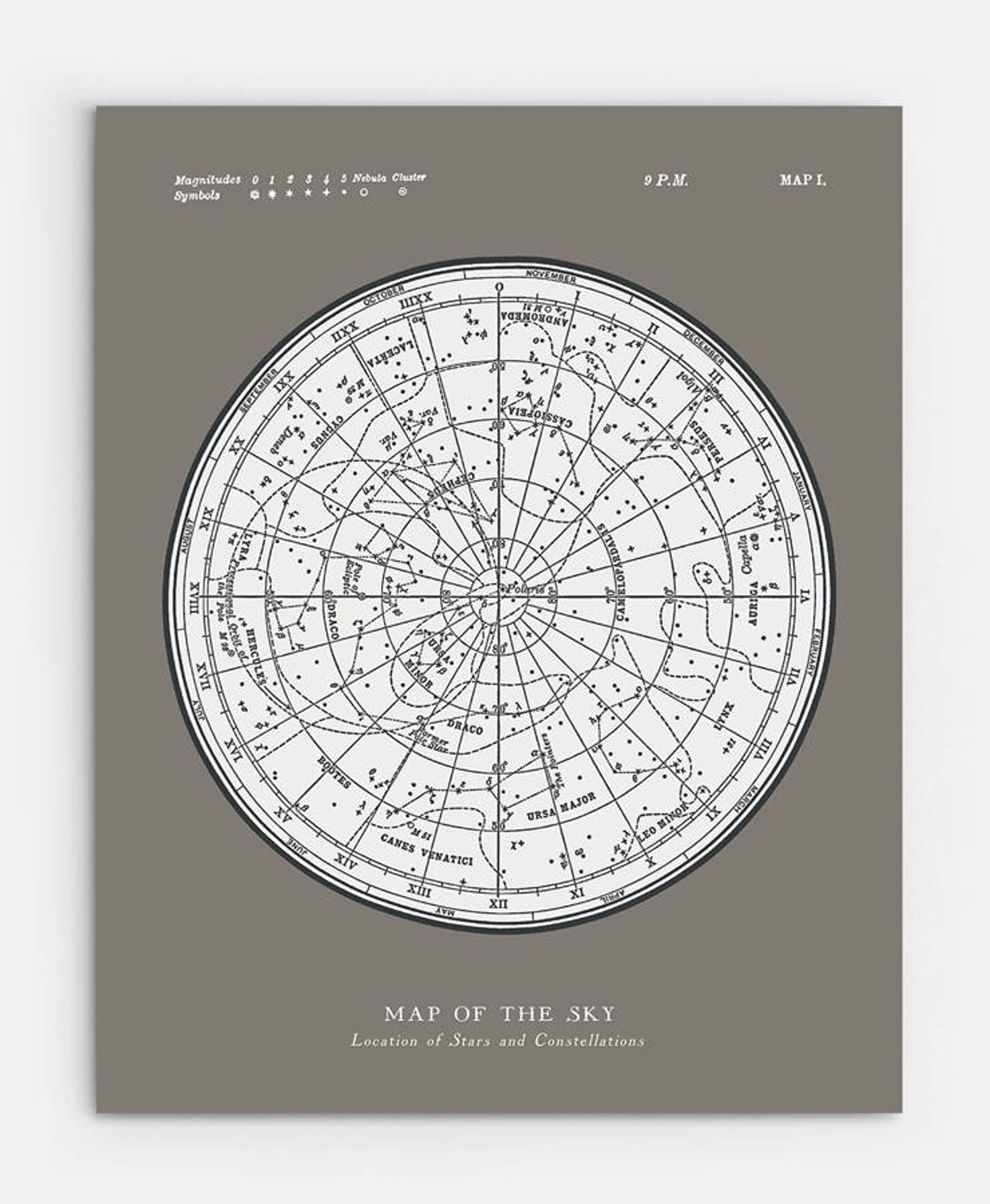 Star Map Constellations Poster. Map of the Sky. Modern Vintage ...