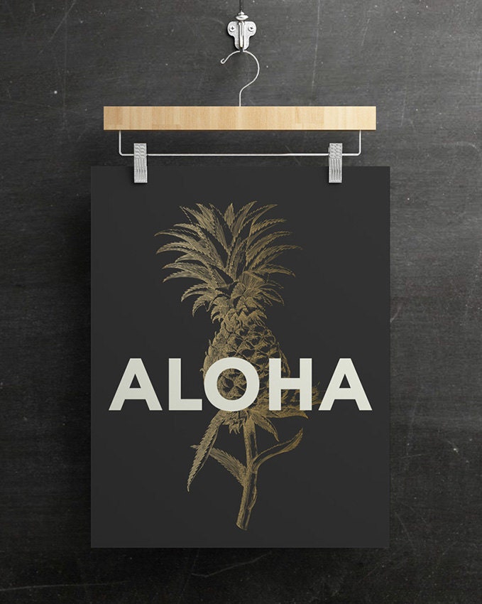 Aloha Pineapple Print - PRINTABLE FILE. Tropical Poster. Black Gold ...
