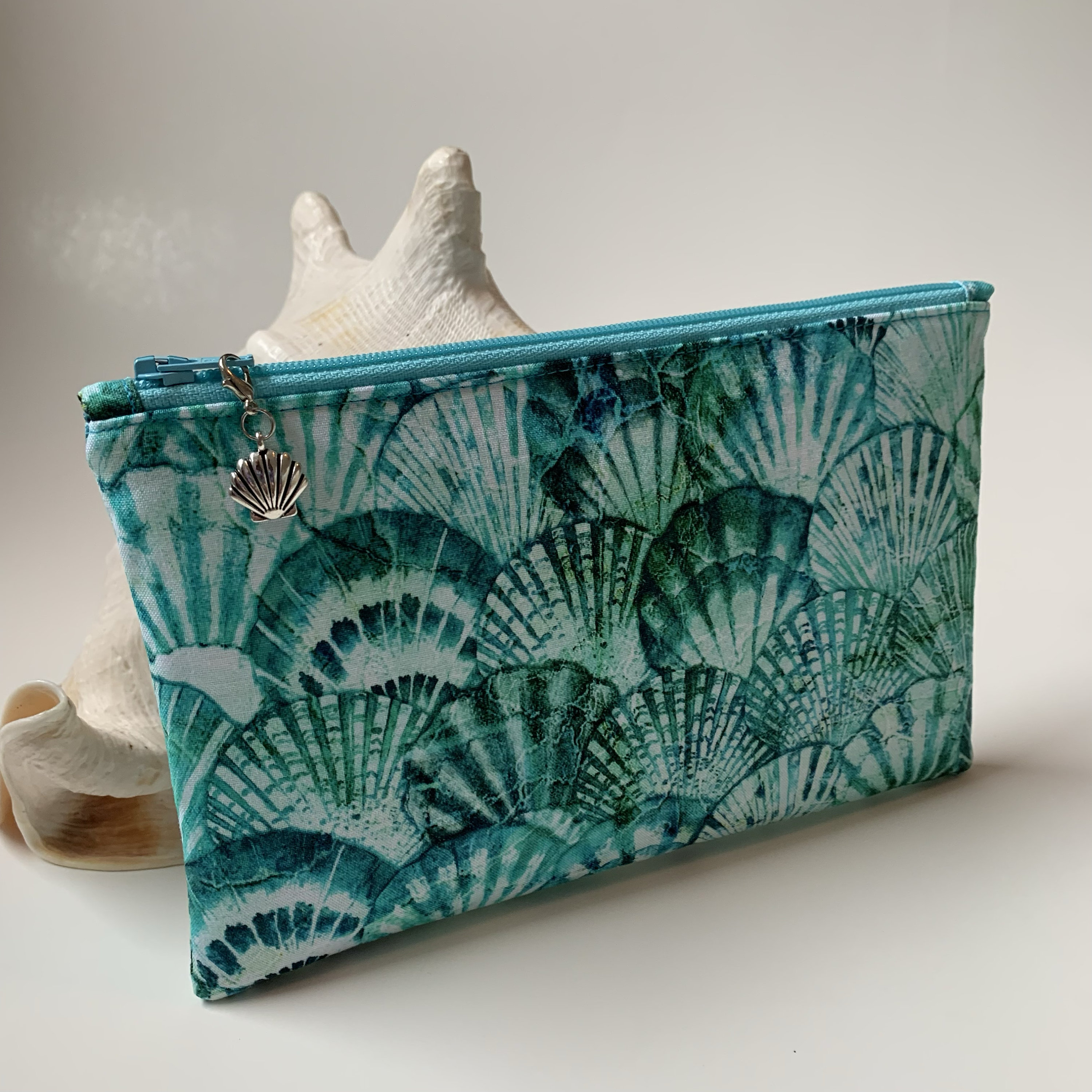 Seashell Zipper Pouch, Blue Green Flat Makeup Bag, Teacher Gift, Beach ...