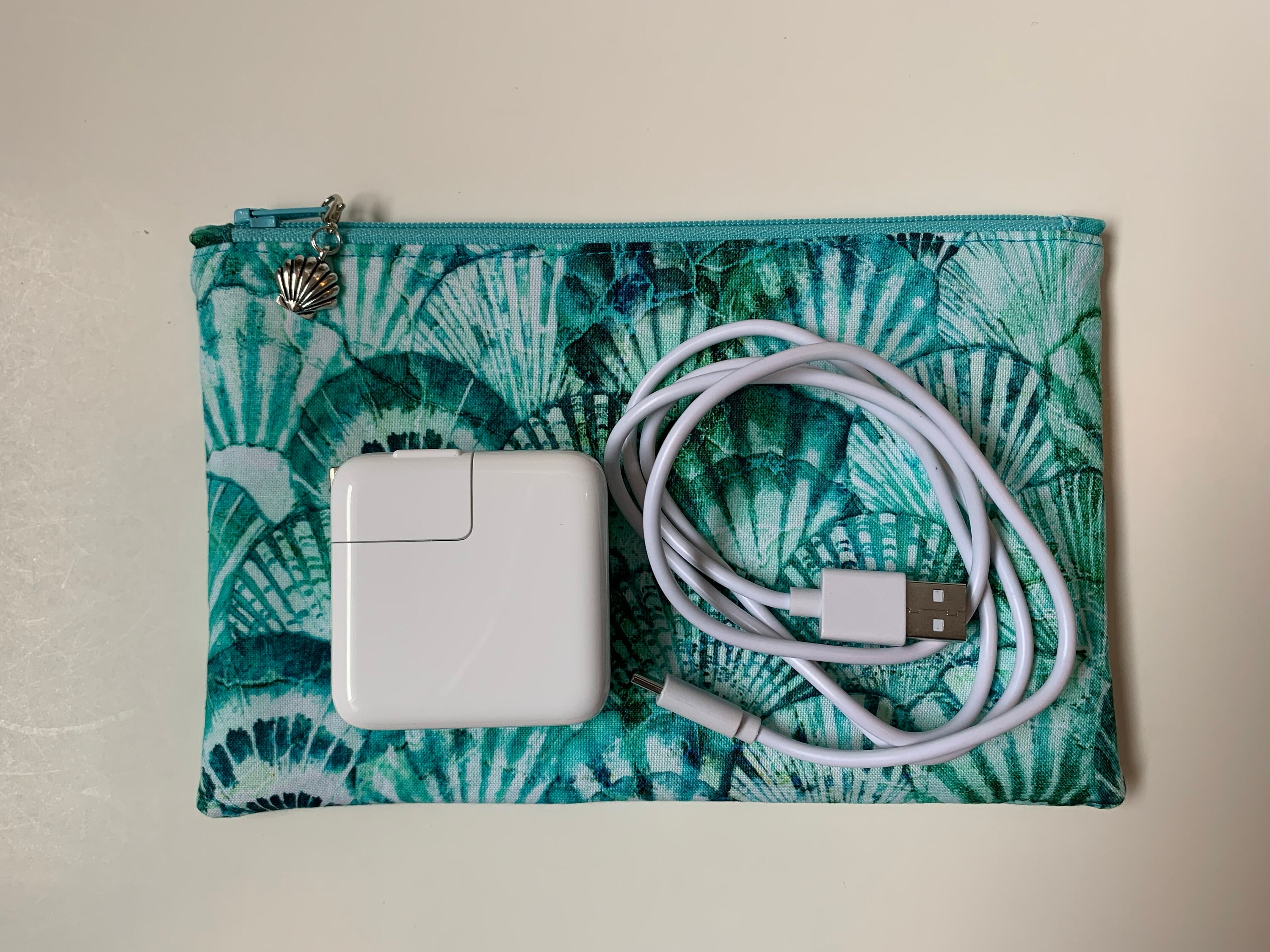 Seashell Zipper Pouch, Blue Green Flat Makeup Bag, Teacher Gift, Beach ...