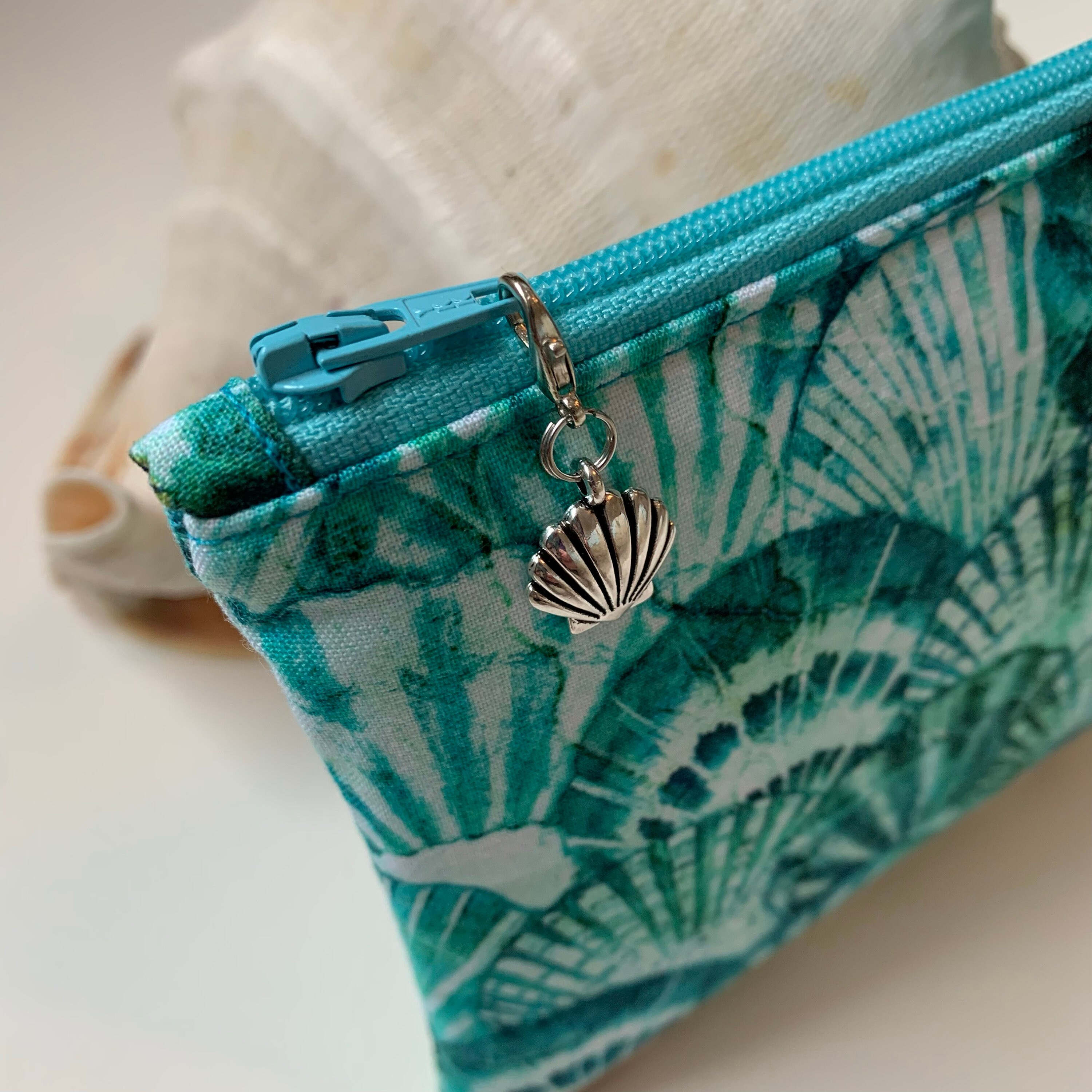 Seashell Zipper Pouch, Blue Green Flat Makeup Bag, Teacher Gift, Beach ...