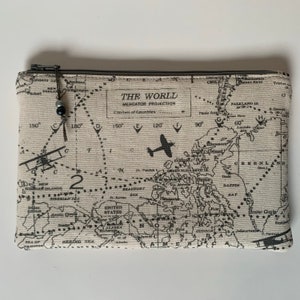 Canvas Flat Zipper Pouch, Travel Map Fabric, Tech Accessory Bag, Makeup ...
