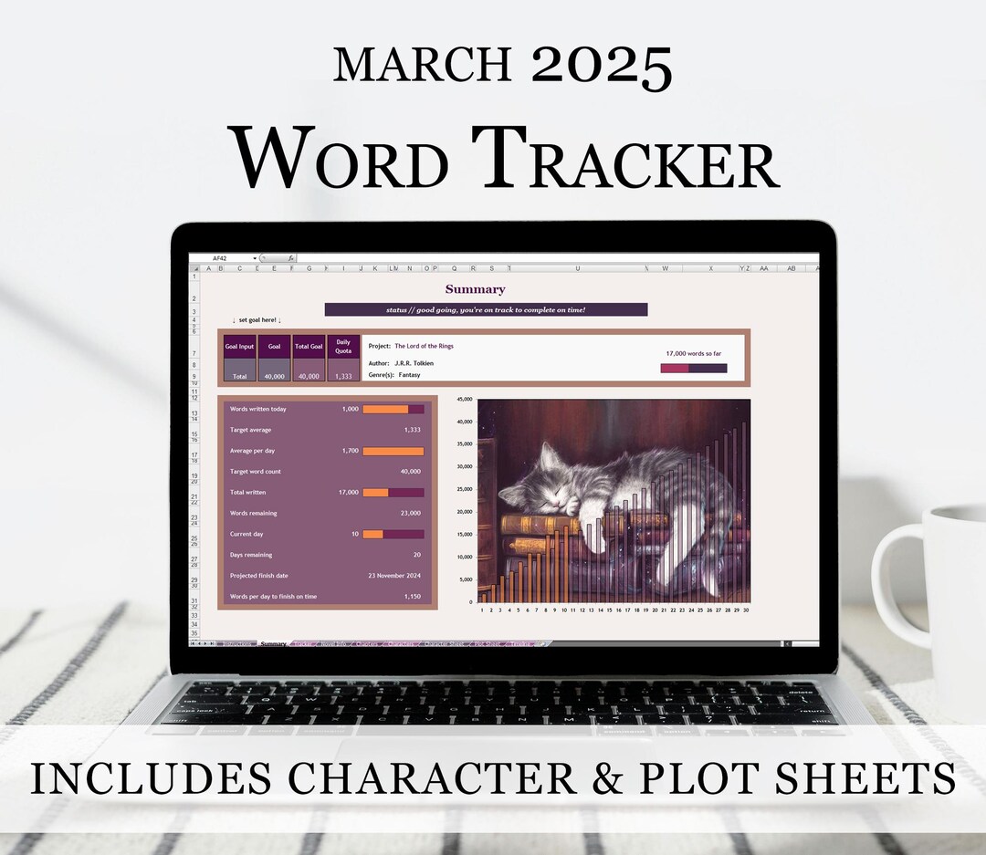 Word Tracker Spreadsheet March 2025 | 4 Themes | Novel Wordcount Tracking, Includes Character ...