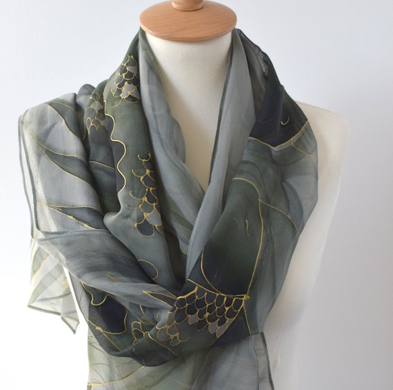Koi Fish Silk Scarfchiffon Silk Scarfhand Painted | Etsy