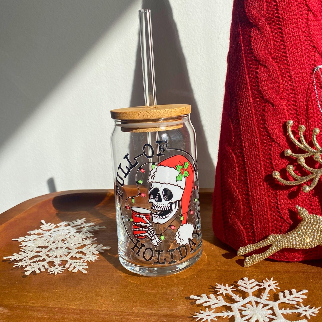 Full of Holiday Spirit Skeleton Glass Tumbler | Iced Coffee Glass | Cup ...