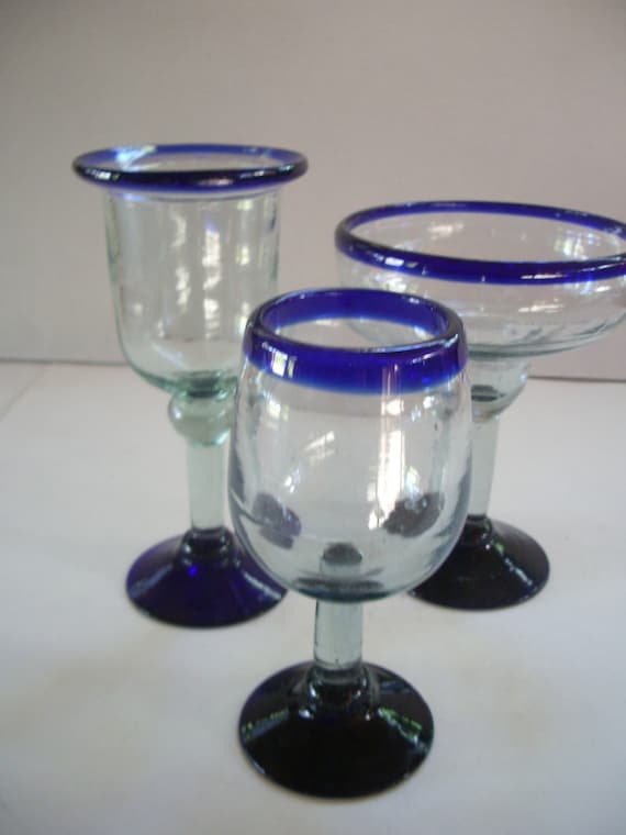 Handblown Cobalt Blue Rimmed Glass Cocktail Set: Wine Glass | Etsy