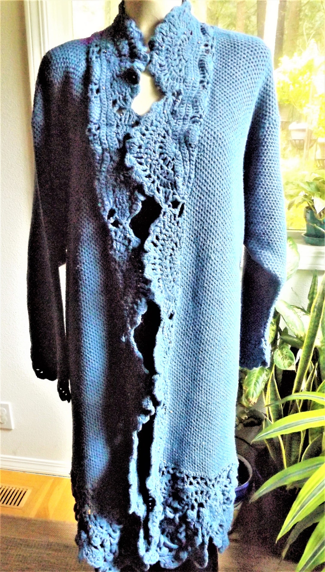 Lacy After, Noon Sweater Coat Dusty Blue Knit and Crotched by Shell ...