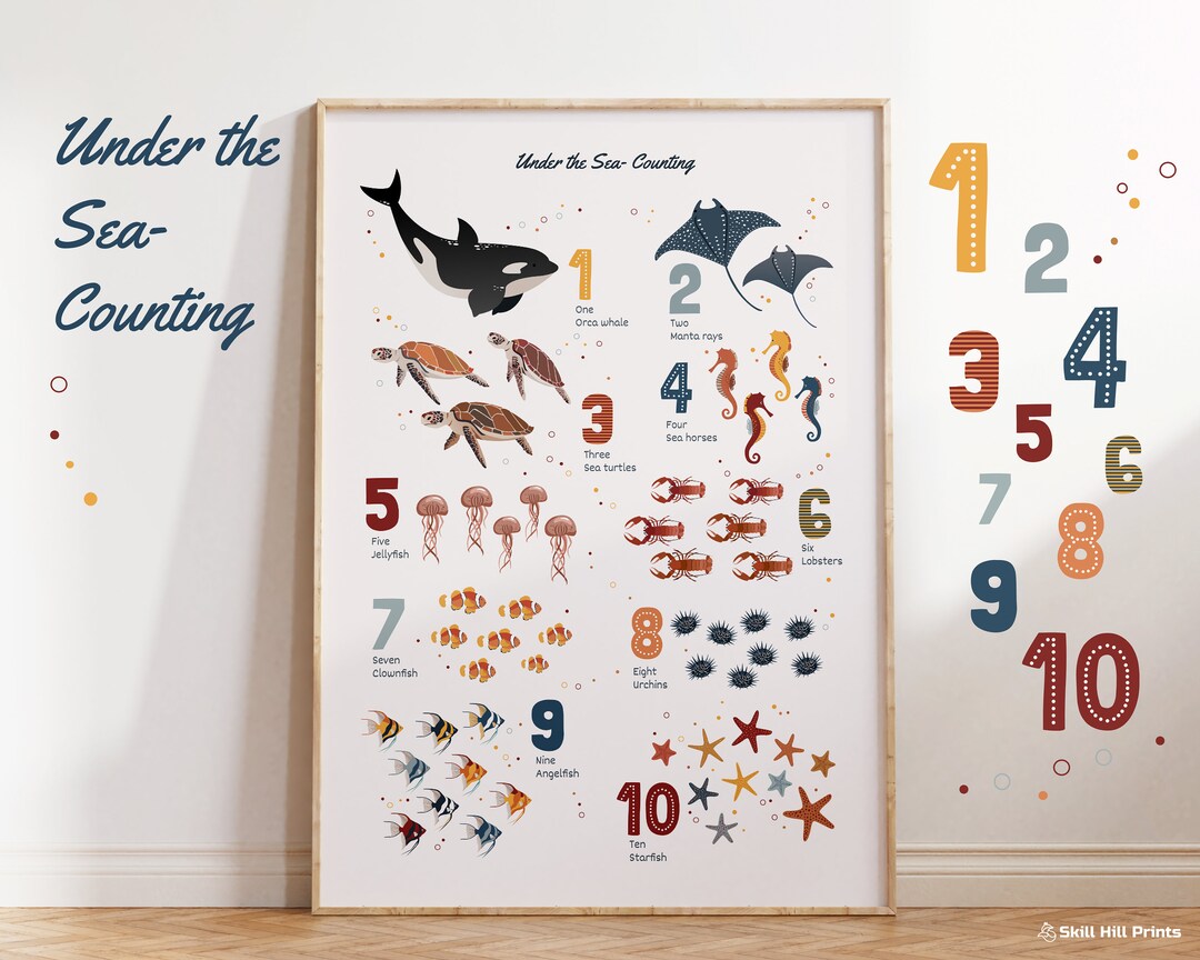 SEA ANIMALS POSTER, Toddler Math, Counting to Ten Poster, Counting ...
