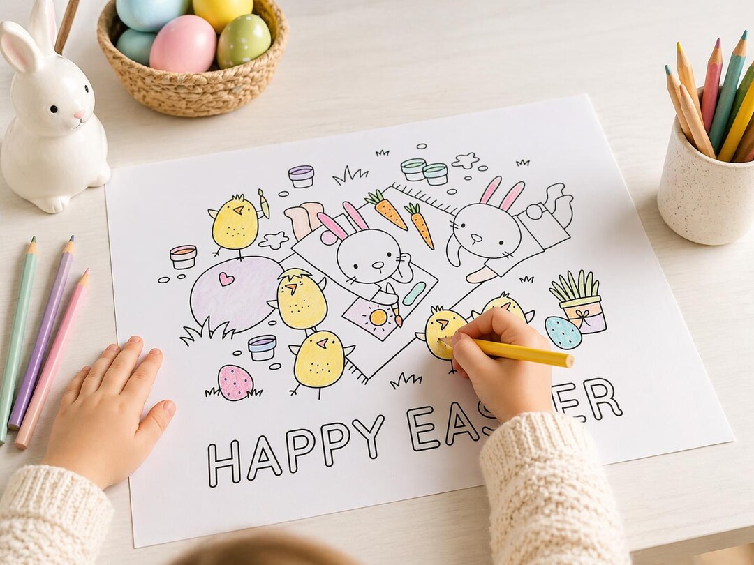 A4 Easter Colour in Placemat, Kids Coloring Activity Sheet, Bunny Chick ...