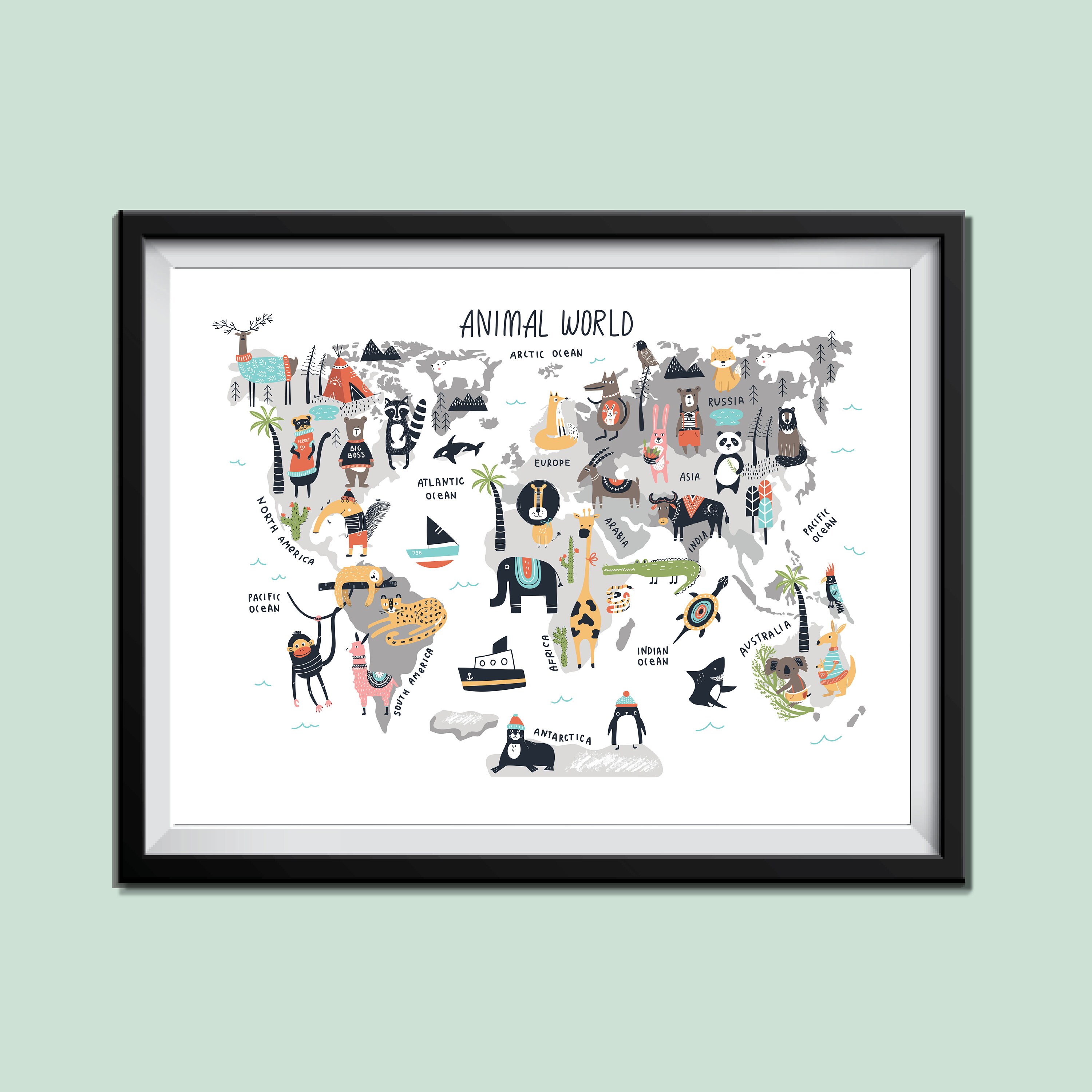 8x10 Print World Map Animal World Kids Wall Art - Etsy