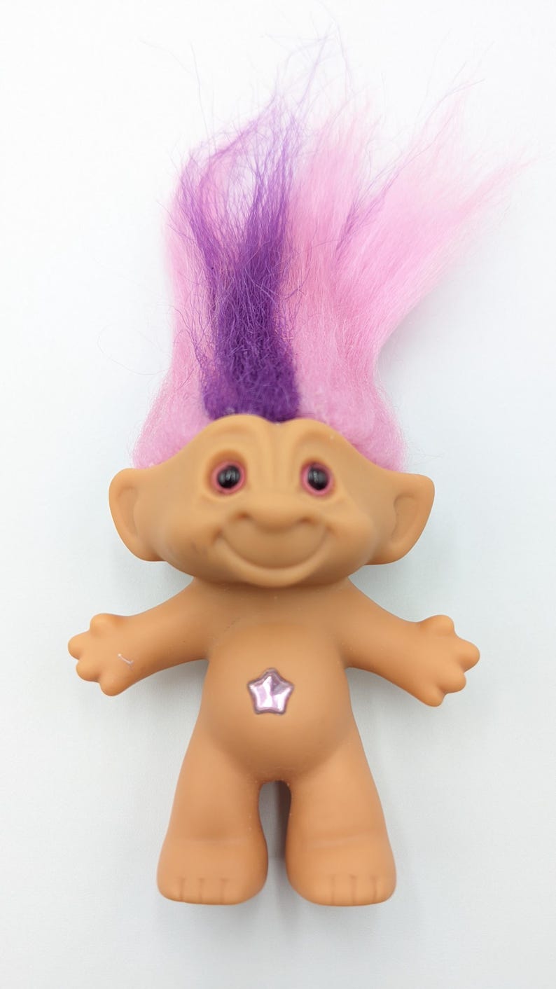 Treasure Troll Doll Ace Novelty 3 Inch Pink Purple Hair Gemstone Belly ...