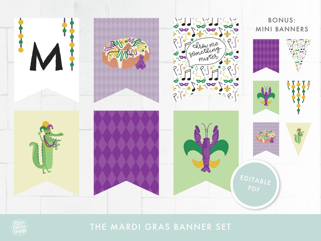Mardi Gras Editable Banner, King Cake DIY Bunting Banner Template ...