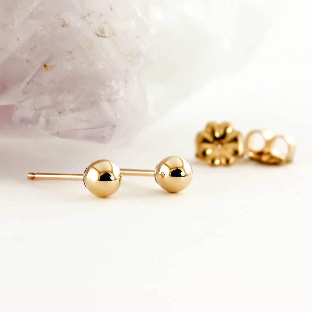 14k Solid Gold Tiny Ball Studs Pair, 3mm 4mm Tiny Stud Earrings, Tiny ...