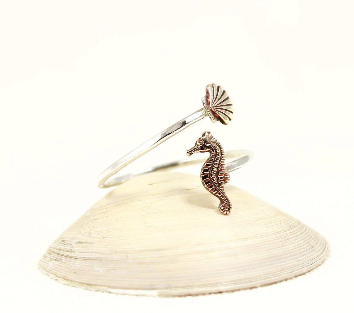 Seahorse & Shell Ring, Sterling Silver, Adjustable, Solid Silver and ...