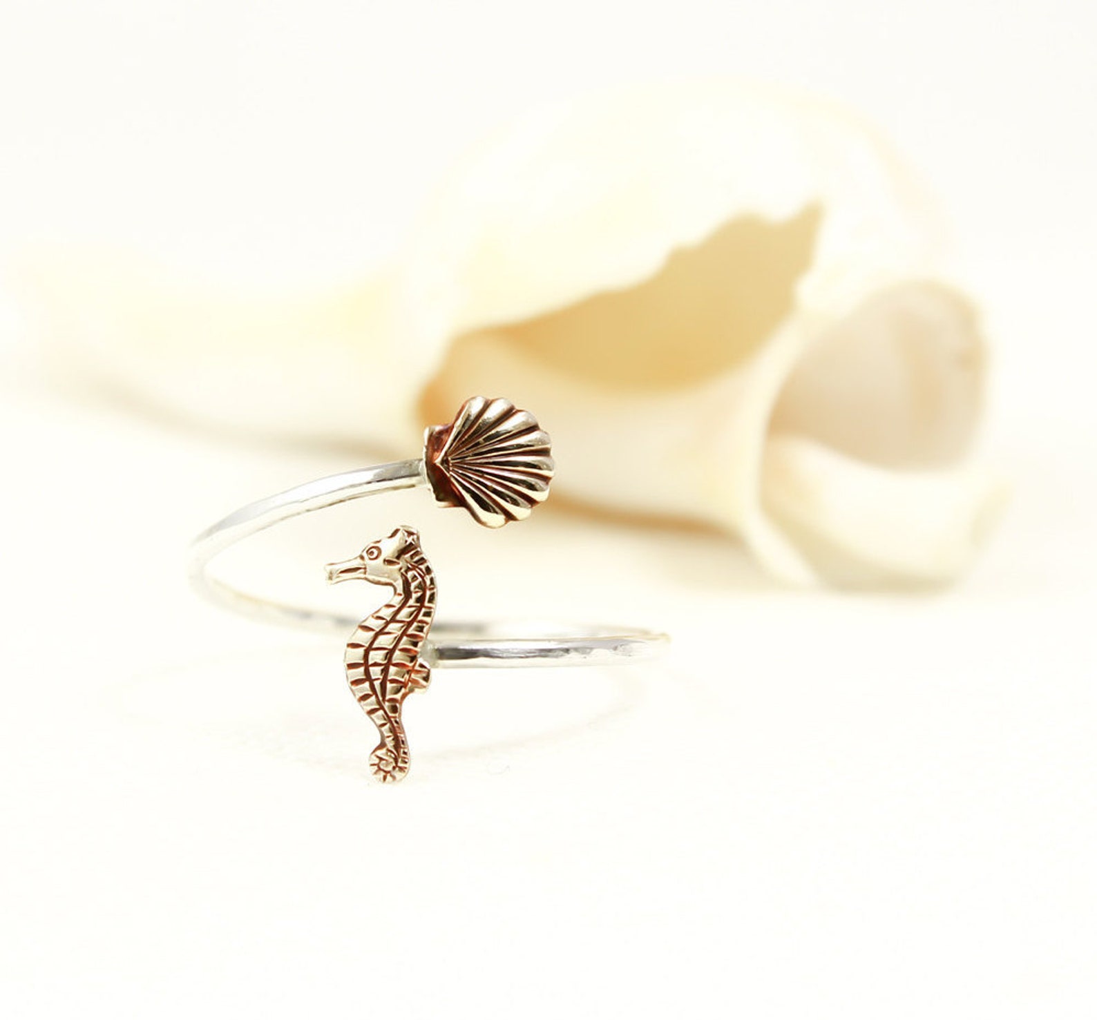 Seahorse & Shell Ring, Sterling Silver, Adjustable, Solid Silver and ...