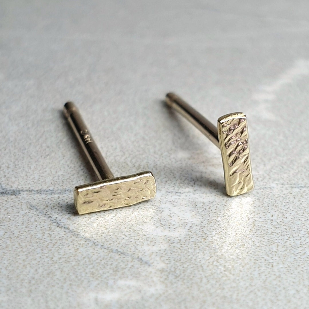14k Solid Gold Bar Studs: Hammered Organic Earrings, Rose or Yellow - Etsy