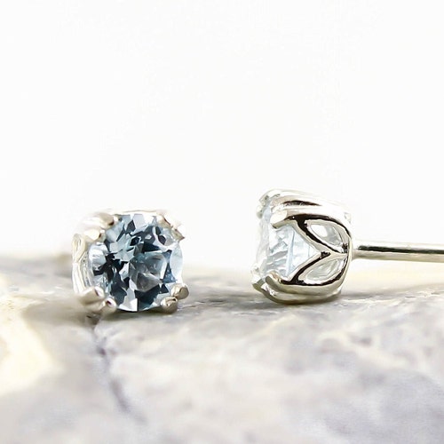 December Birthstone Earrings Silver Stud Earrings Blue Zircon - Etsy