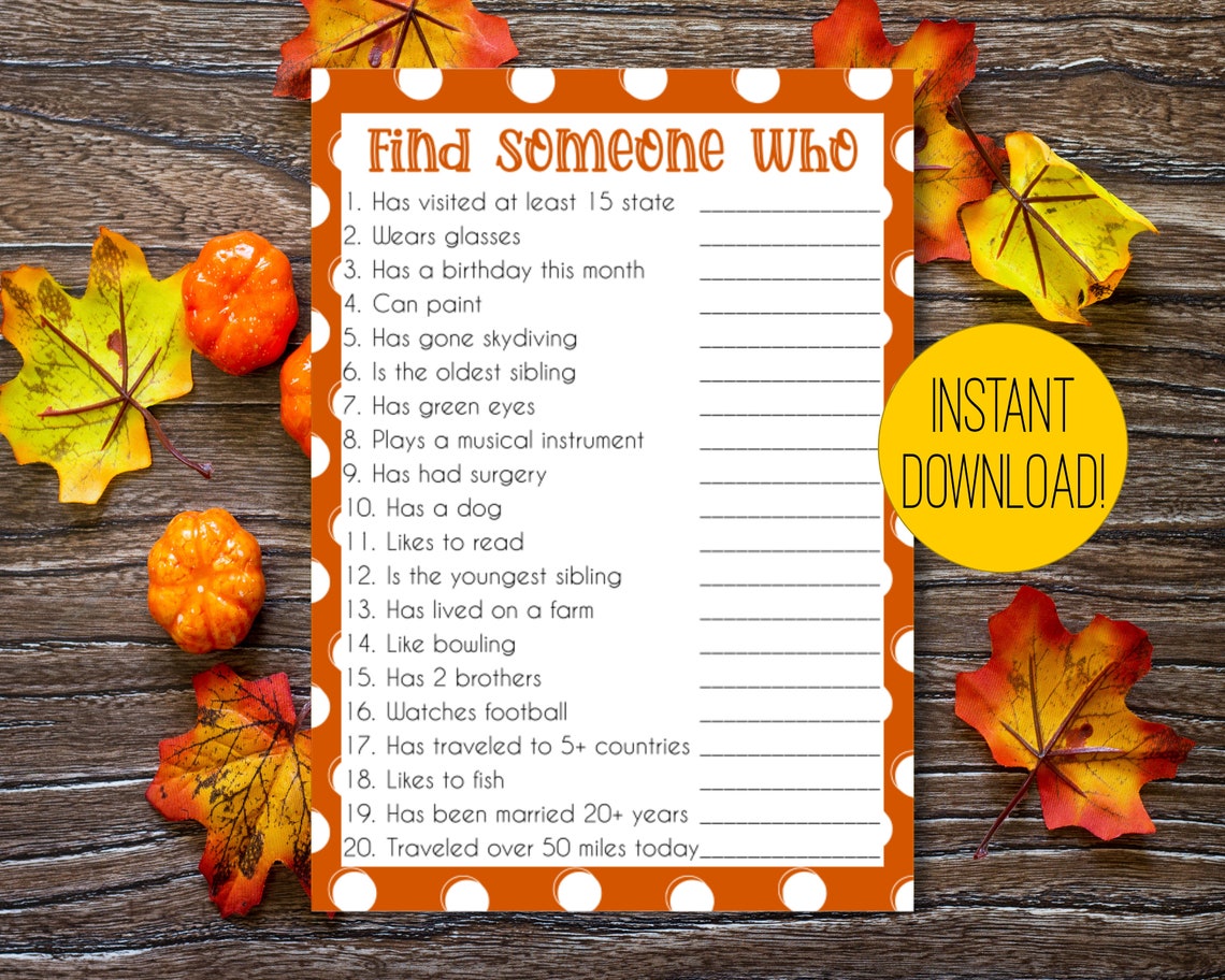 Thanksgiving Find Someone Who Game, Thanksgiving Game, Kids Game ...