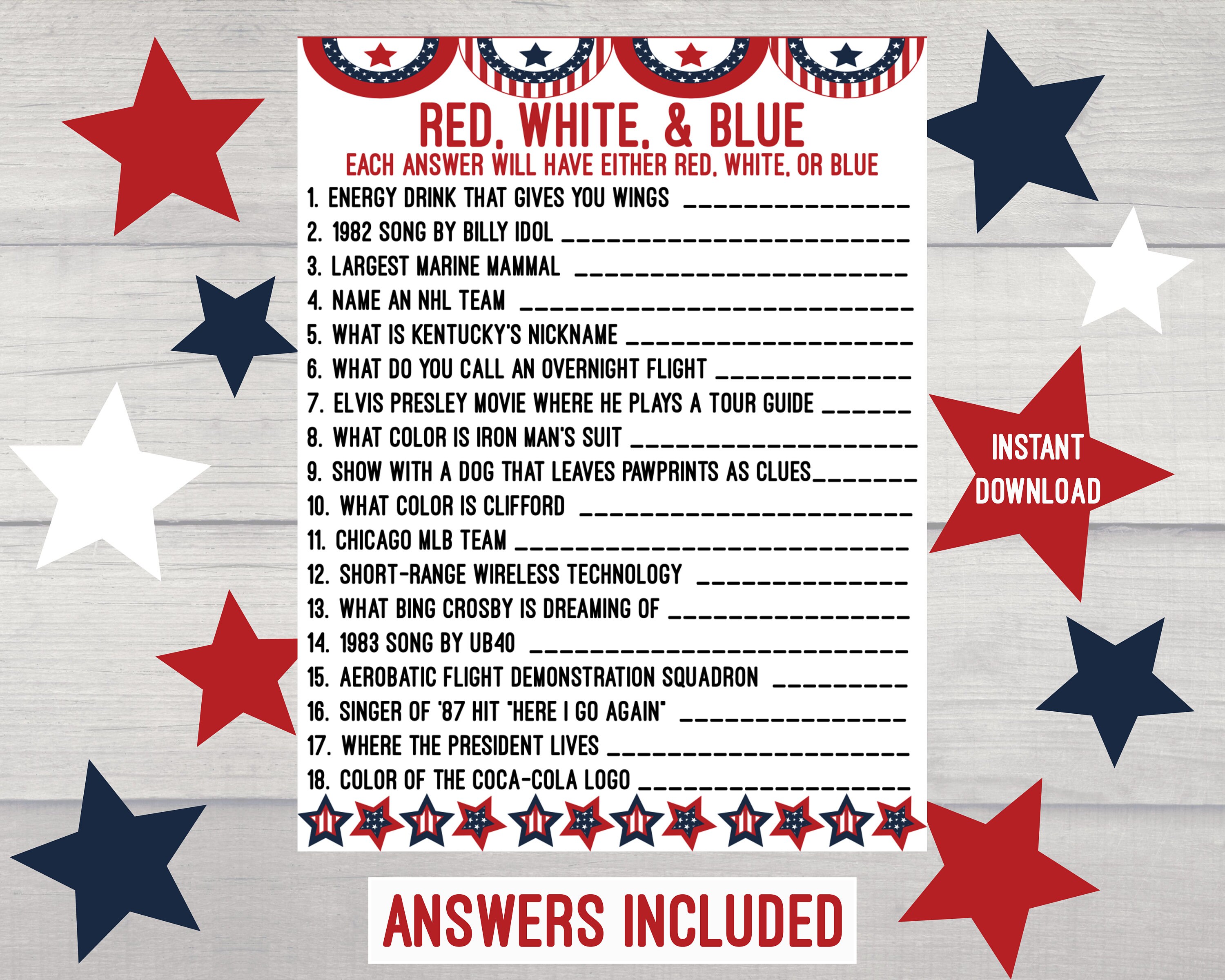 Red, White, and Blue Game, 4th of July Game, Patriotic Game ...