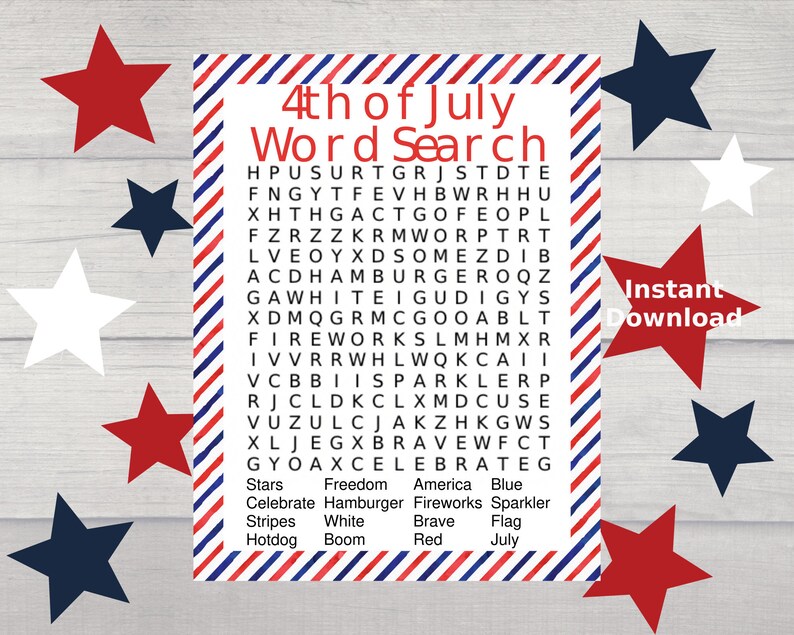4th of July Word Search, Independence Day Game, Patriotic Game, Summer ...
