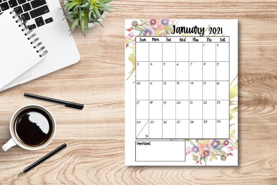 Printable Monthly Calendar 2021 Digital Download Desk - Etsy