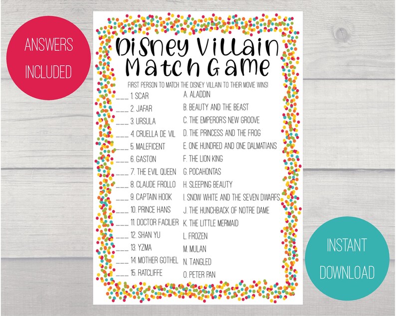 Kids Villain Match Game, Party Game, Printable Party Game, Digital ...