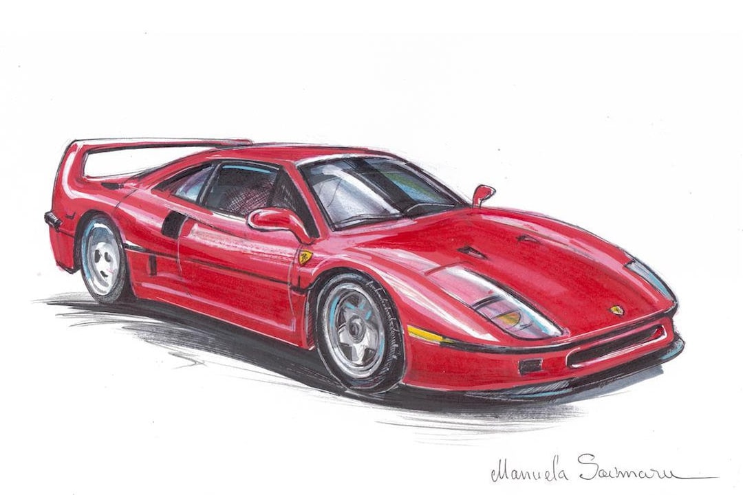 1990 Ferrari F40 Drawing Classic Car Art Print Iconic Sports Car ...