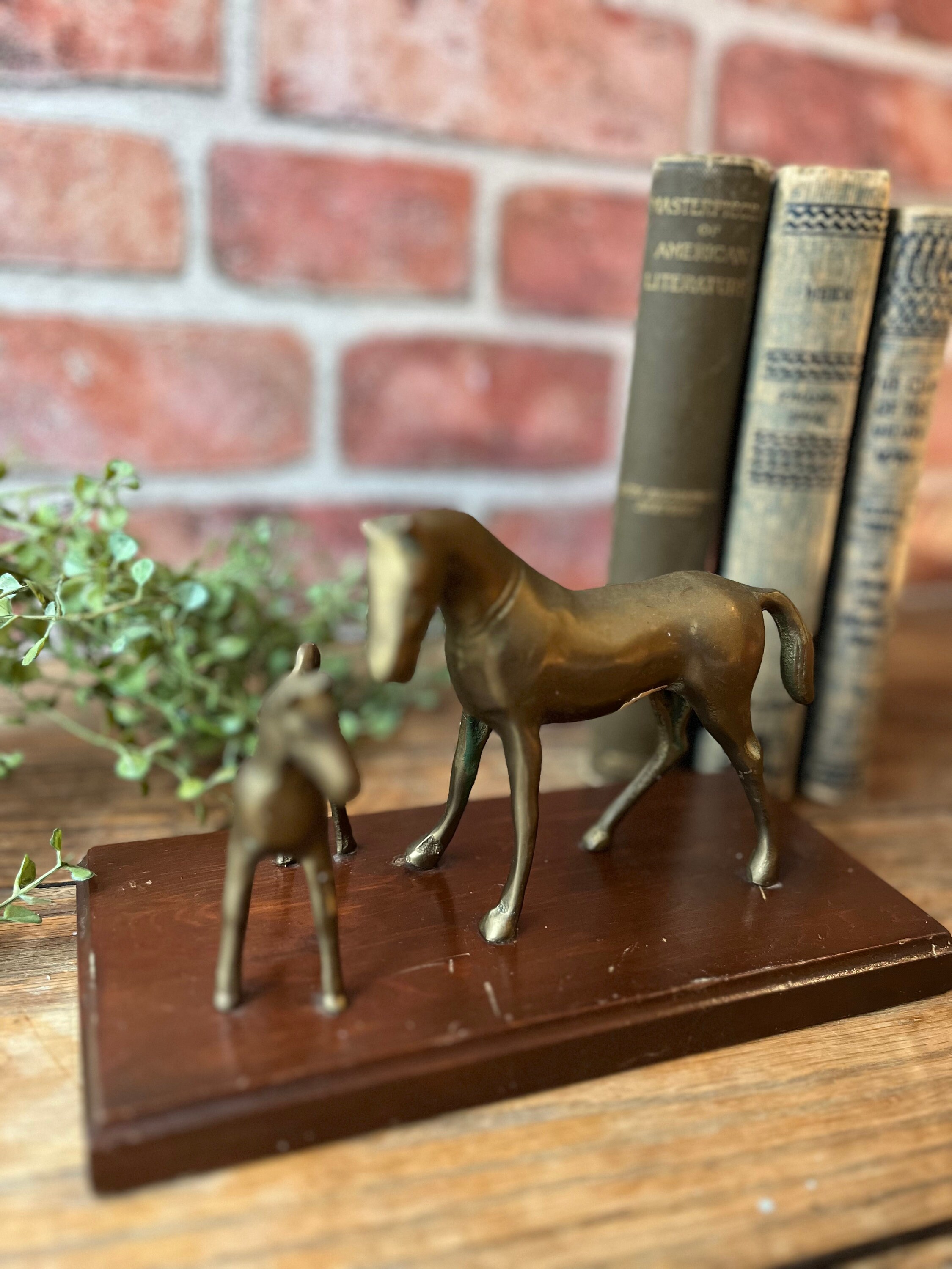 Vintage Brass Mare and Foal/opryland Brass Figure/wood Mounted Brass ...