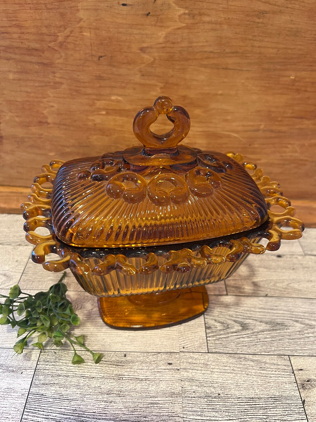 Vintage Pedestal Amber Candy Dish With Lid/ribbed Amber Glass ...