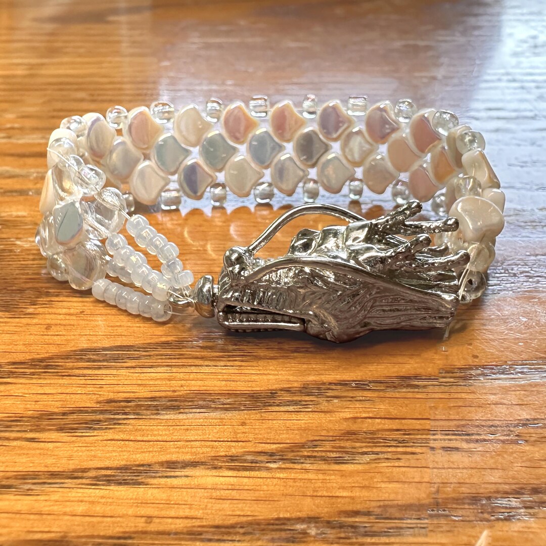 Silver and White Dragon-scale Bracelet, Silver Dragon Clasps, White ...