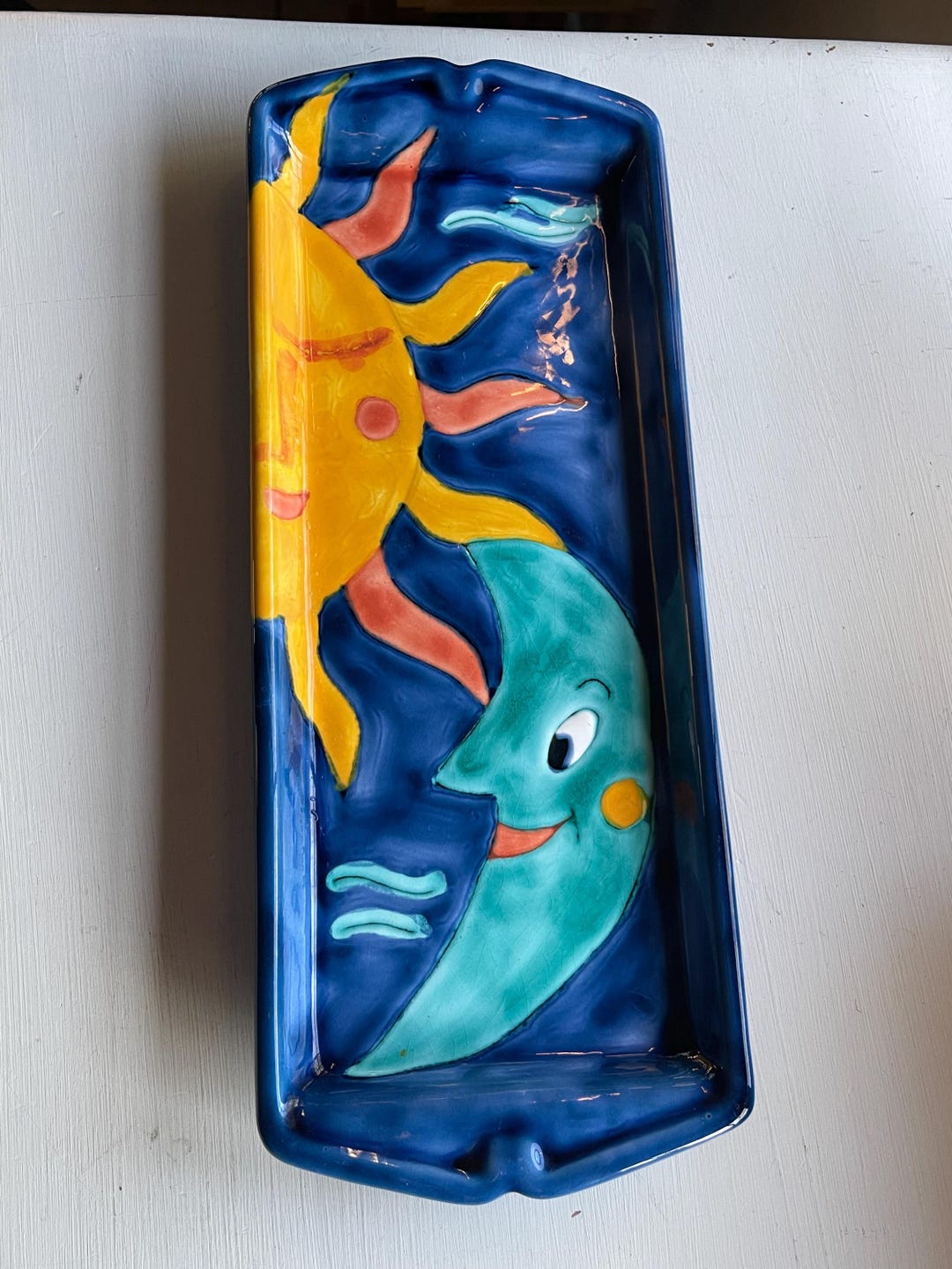 Celestial Themed Tray Smiling Sun and Happy Blue Crescent Moon Hand ...