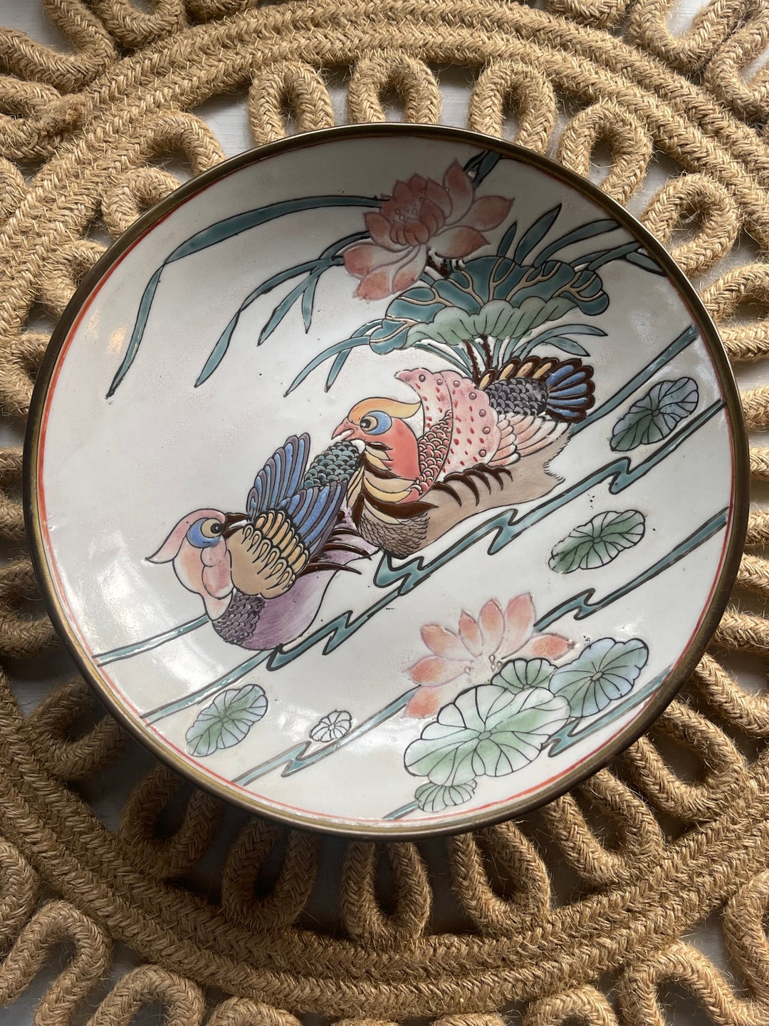 Vintage Decorative Chinese Plate Encased in Brass Floral Blossom Lotus ...