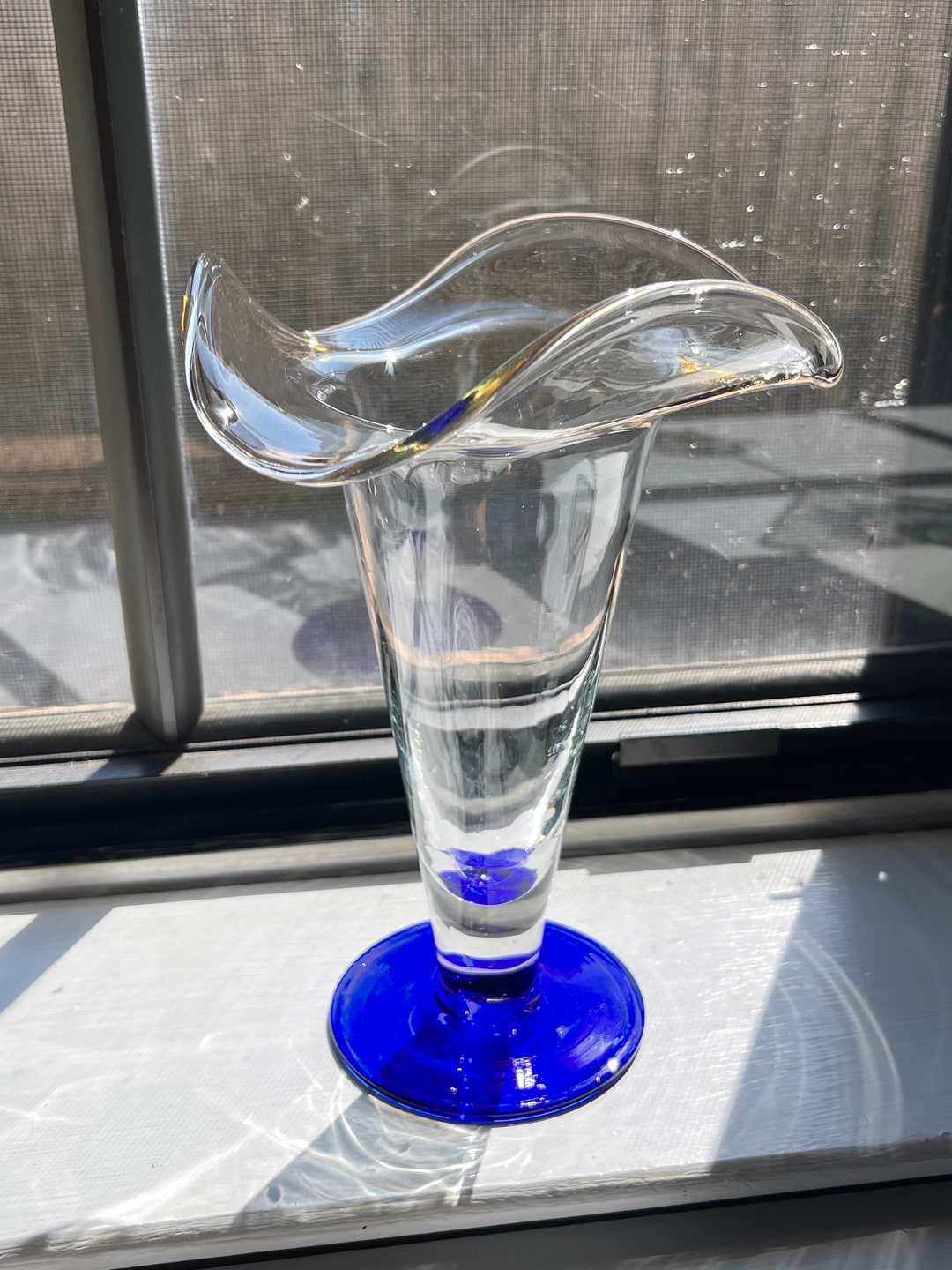 Hand Blown Fluted Tapered Vase With Ruffled Top Clear Body and Cobalt ...