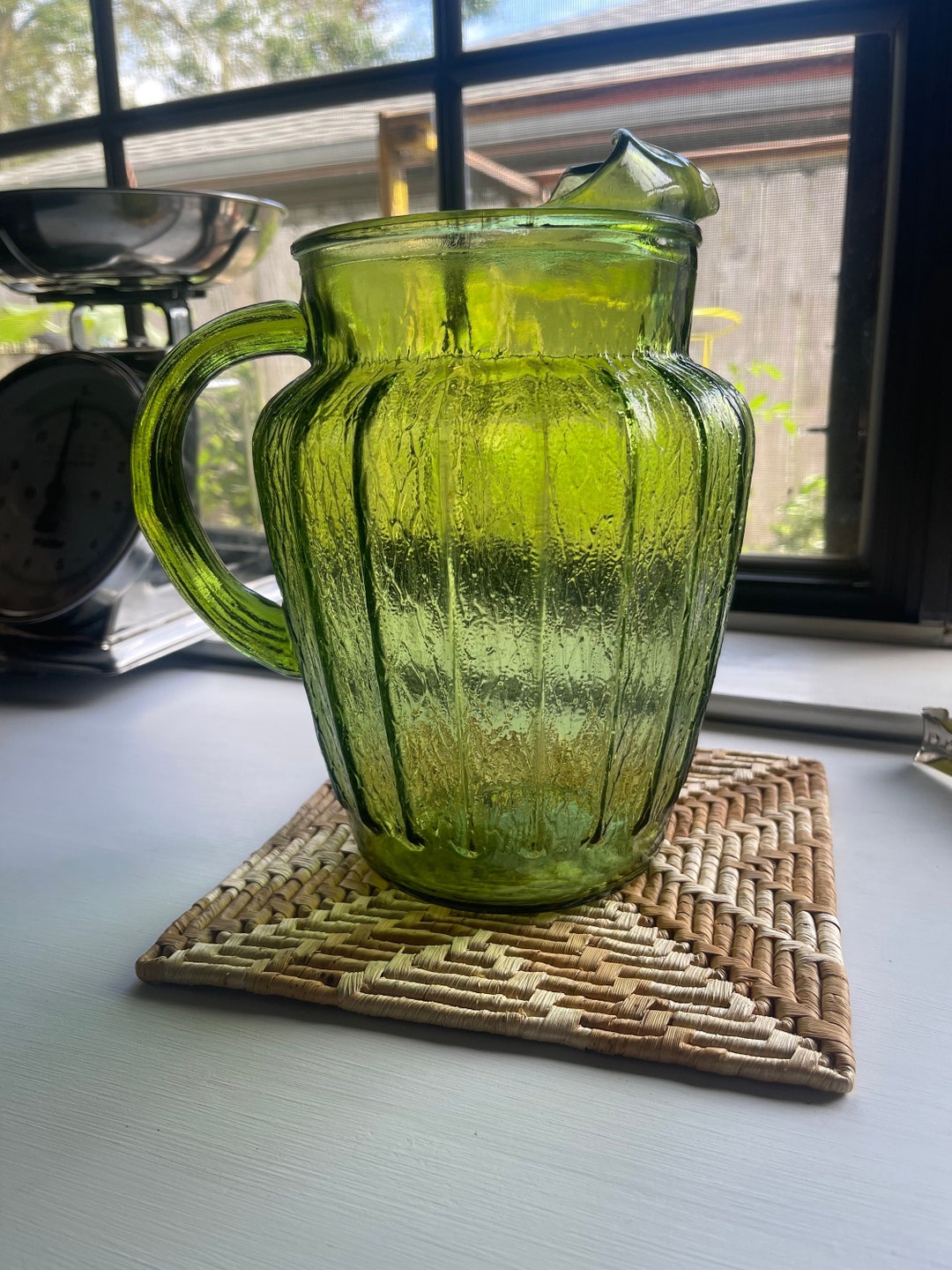 Vintage Olive Green Glass Water Pitcher Sprucewood Avocado Green ...