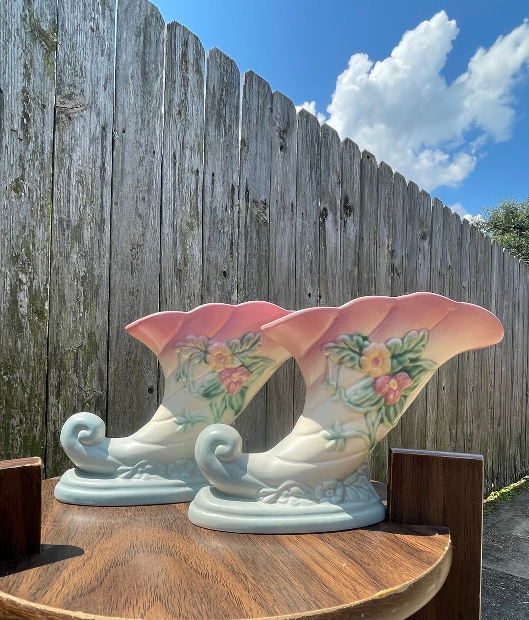 Vintage Hull Art Pottery Wildflower Cornucopia Vase Set of 2 Pink Blue ...