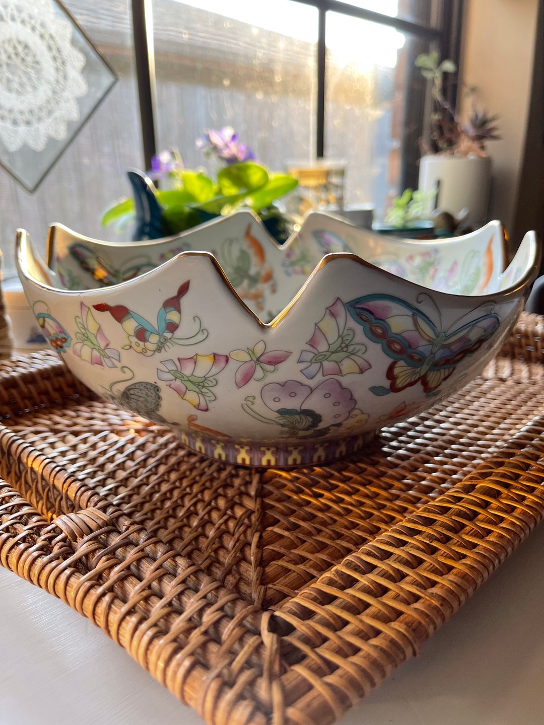 Vintage Chinese Sacred Butterfly Bowl Lobed Cut Corners Red Reign Mark ...