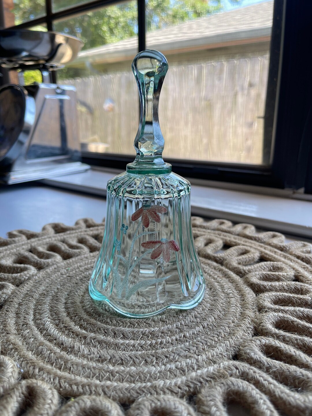 Vintage Fenton Signed G. Finn Art Glass Bell Green Glass Bell With Hand ...