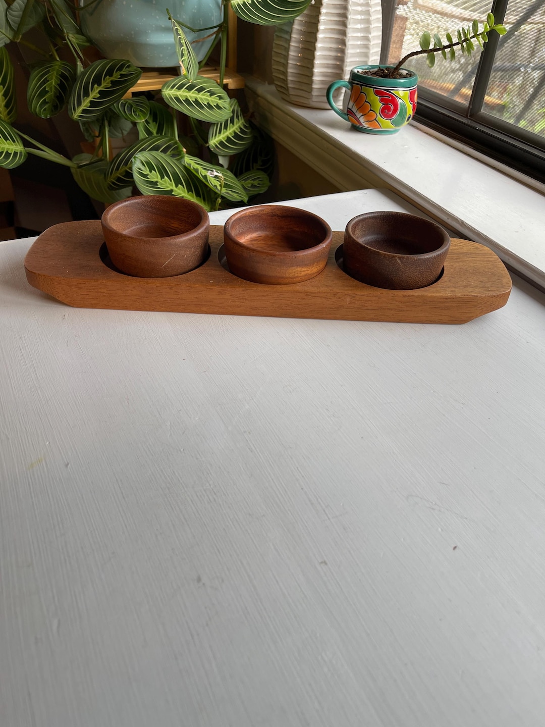 Handcrafted Teak Wood Centerpiece 3 Bowls Condiment Tray Nuts Fruits ...