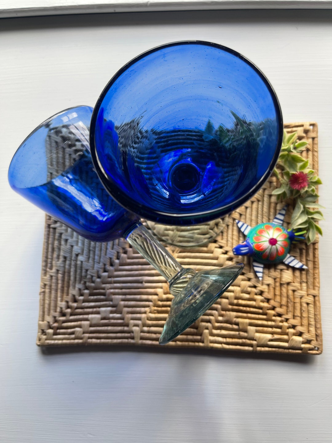 Pair of Vintage Blown Glass Goblets Cobalt Blue Wine Glasses Two Toned ...