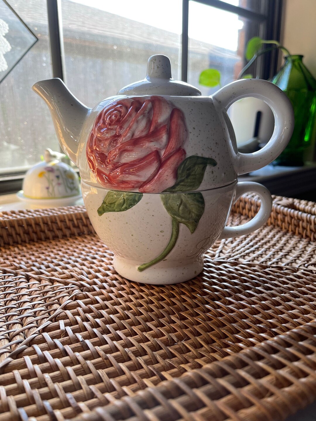 White Speckled Ceramic Stackable Teapot With Lid and Handled Cup ...