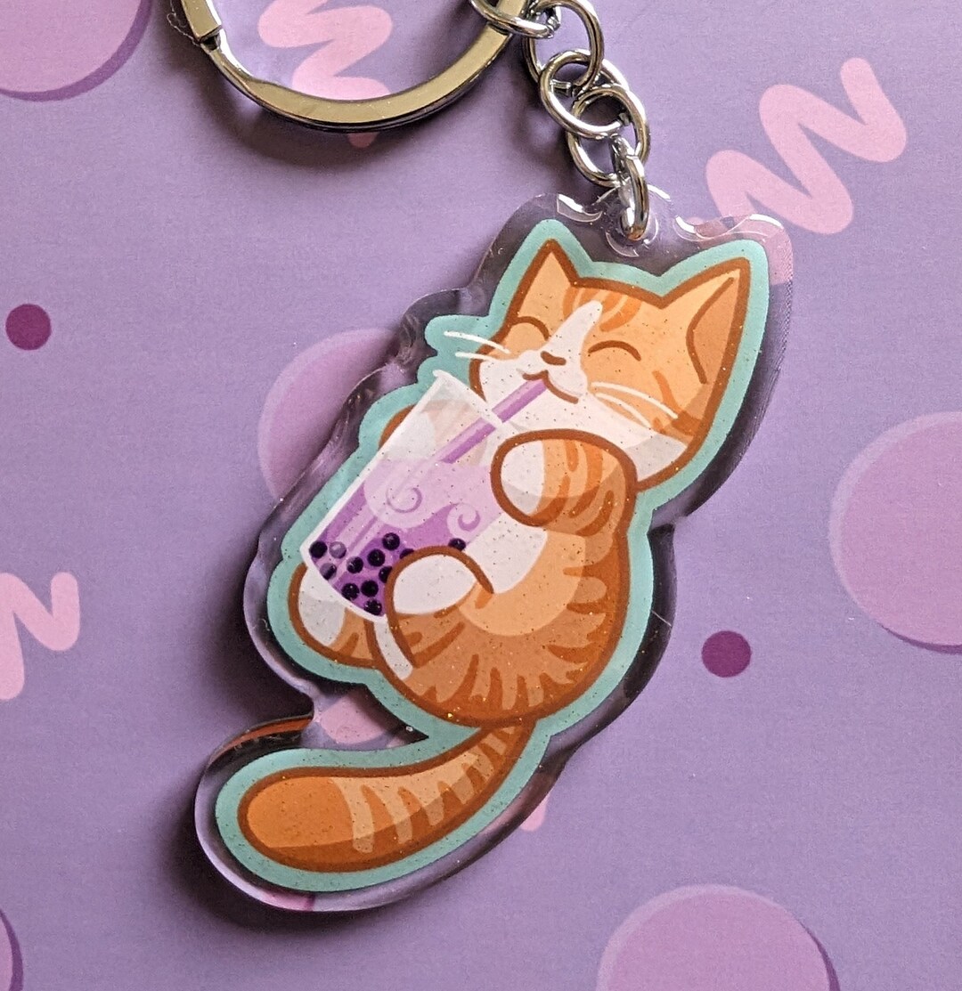 Boba Cat Keychain: Acrylic Glitter Epoxy Charm, 12 Designs - Etsy