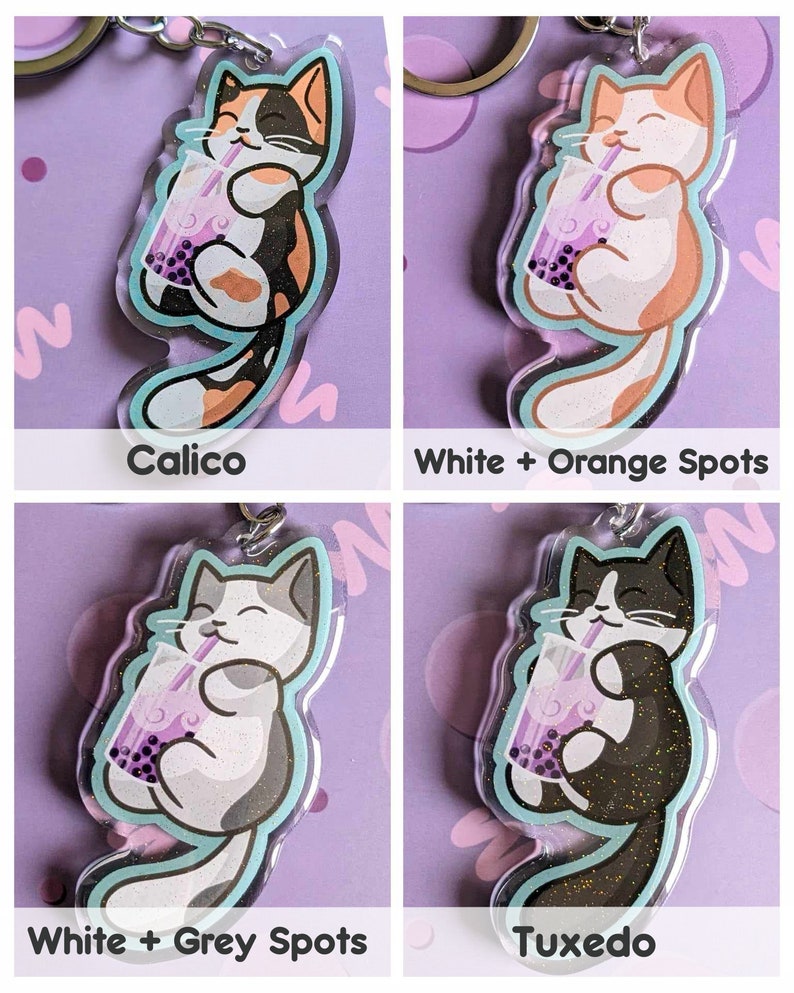 Boba Cat Keychain: Acrylic Glitter Epoxy Charm, 12 Designs - Etsy