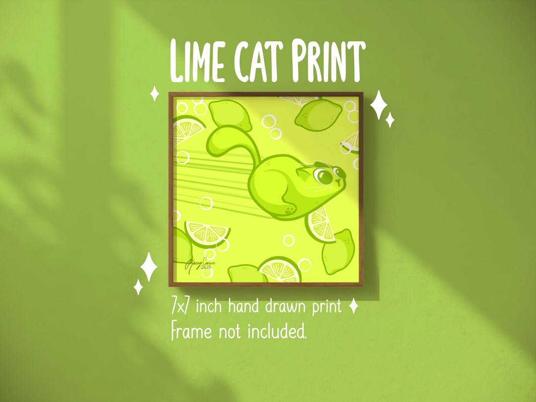 Lime Cat Art Print: Hand-drawn Zoomie Kitty in Limeade Soda - Etsy