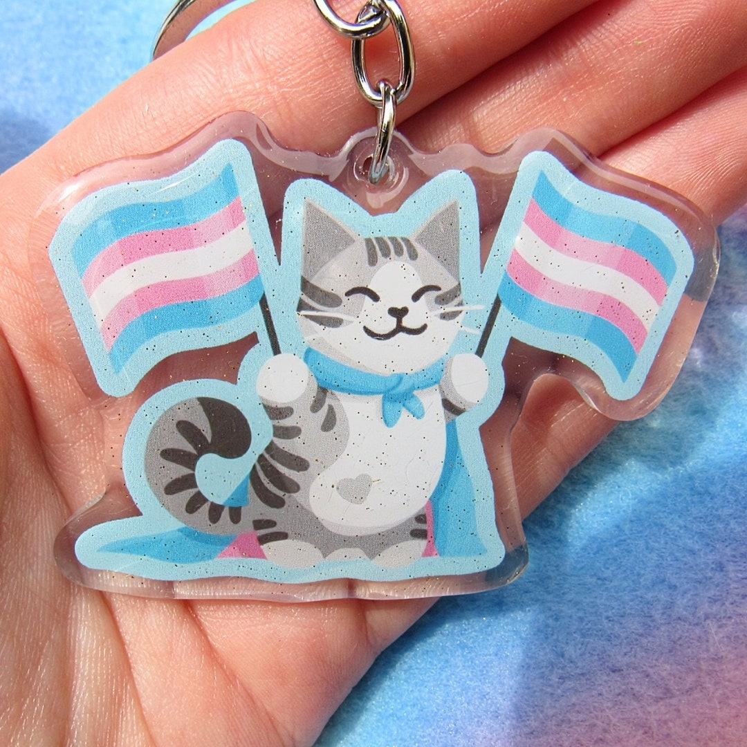 Trans Flag Cat Keychain With Glitter Epoxy / Acrylic Cat LGBTQ+ Queer ...