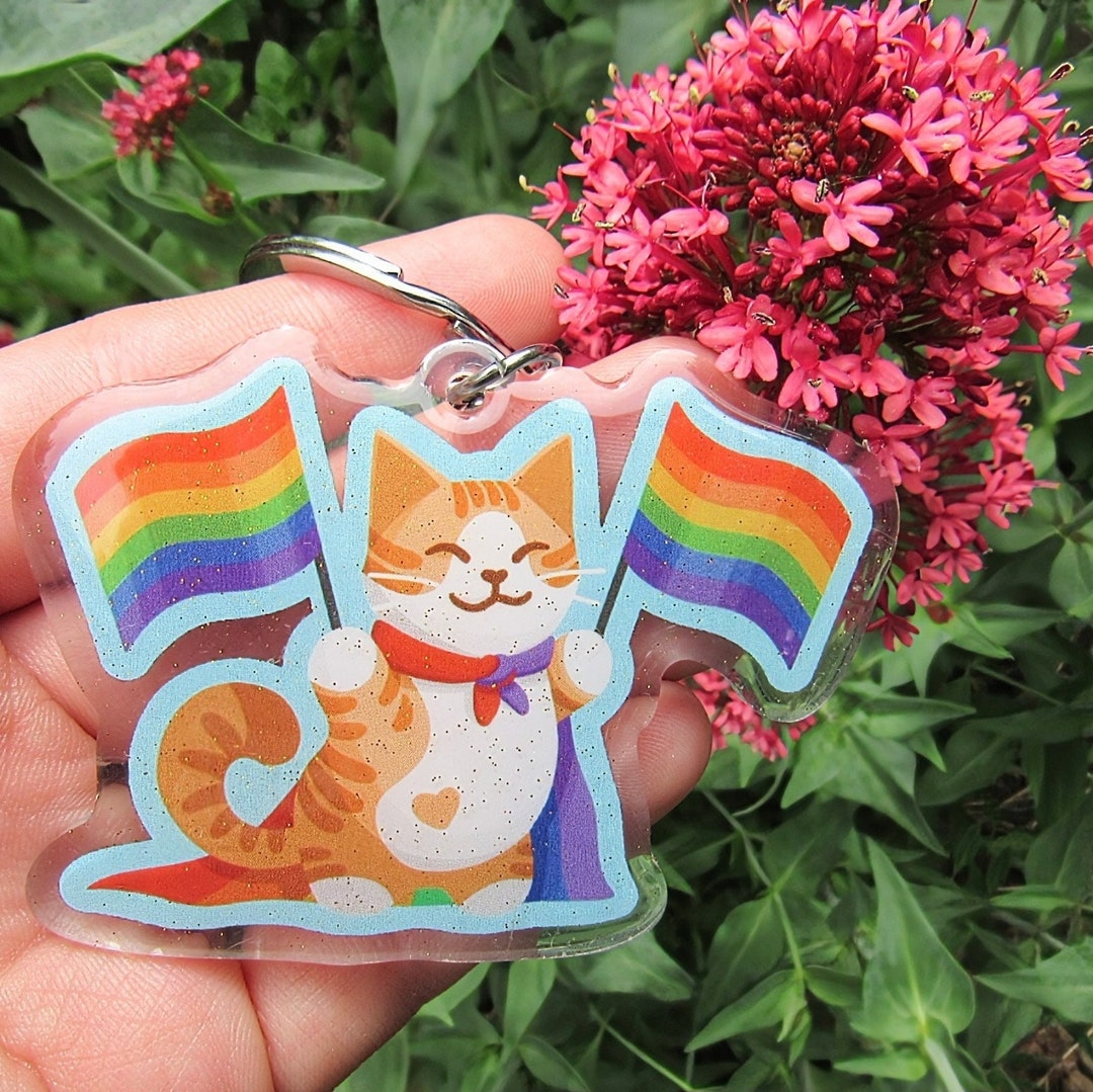 Rainbow Pride Flag Cat Keychain With Glitter Epoxy / Acrylic Cat LGBTQ+ Queer Key Chain / Cute ...