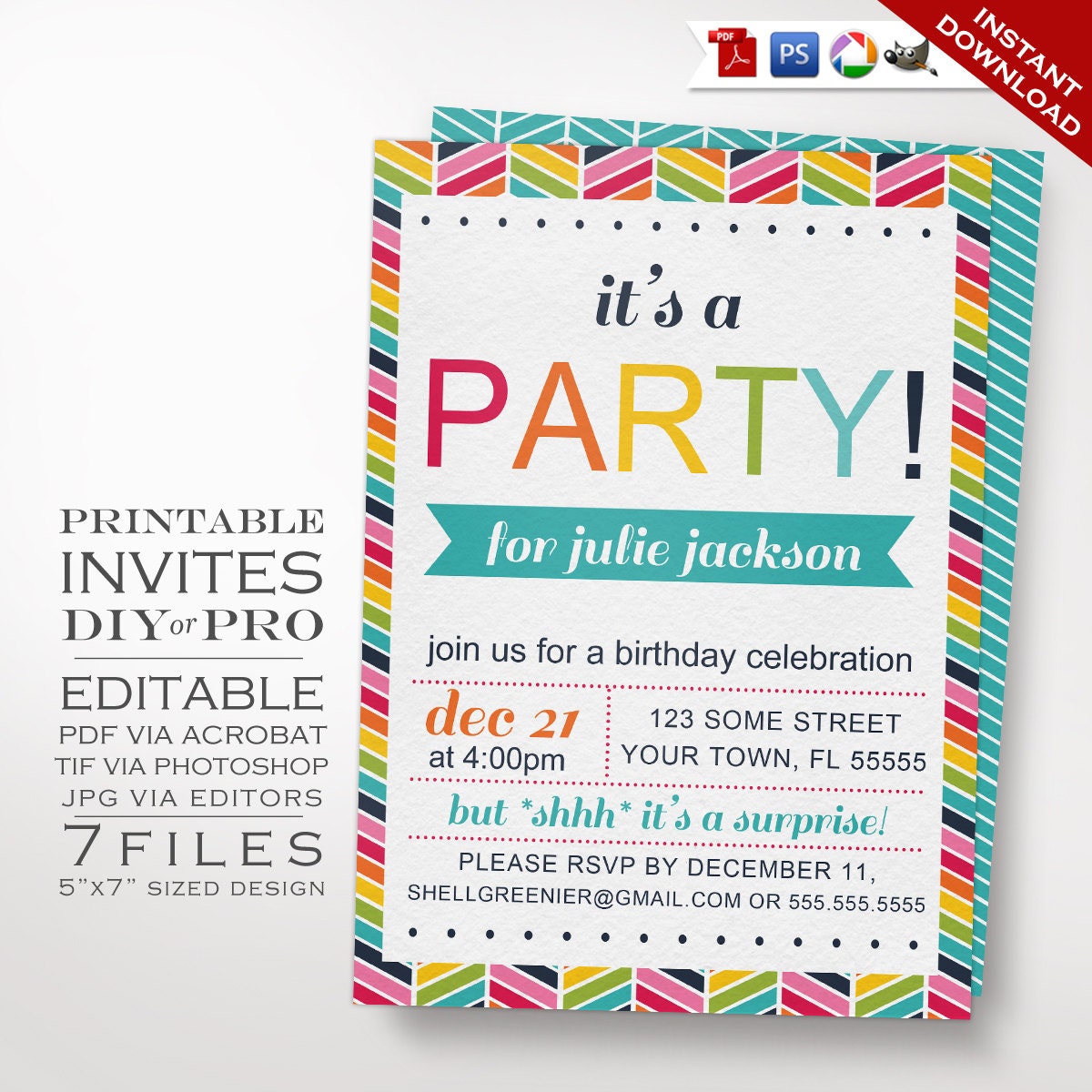 Rainbow Chevron Birthday Invitation Template Rainbow Glitter