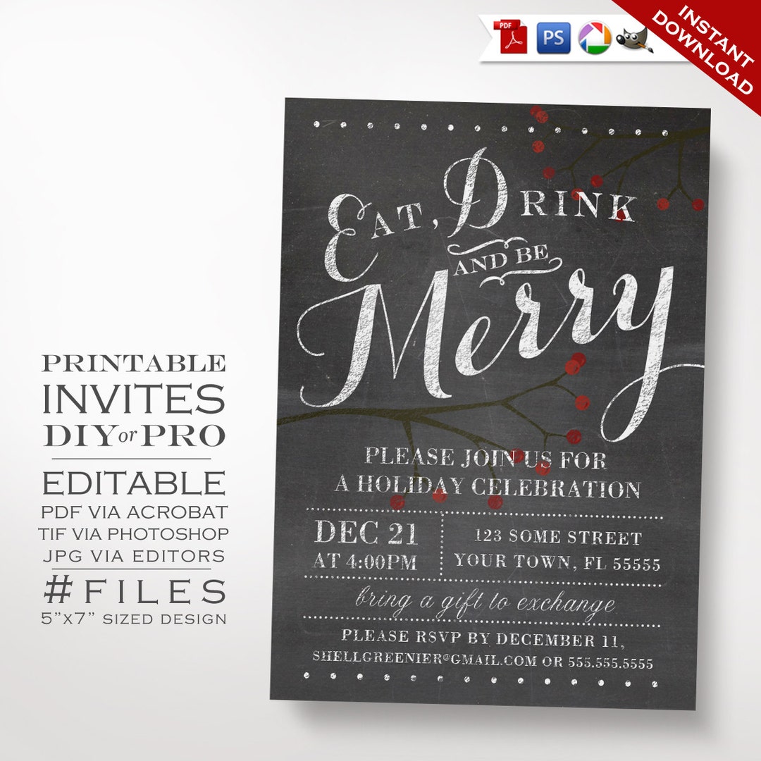 Christmas Invitation Template - Winter Chalkboard Holiday Party ...